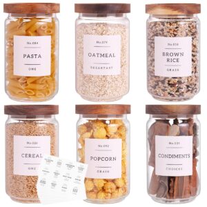 6 set glass pantry storage jars with acacia airtight lid - 23oz thicken glass kitchen canisters with 132 pantry labels - clear glass food storage containers with wood lid for tea,sugar,cookie,coffee