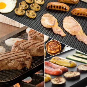 Cast Iron Reversible Grill/Griddle Set with Press, Scraper & Mitts - Pre-Seasoned, Non-Stick - 16.75" x 9.5" - Gas Stove, Grill, Camping, Indoor and Outdoor Cooking