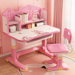 kids adjustable study desk & chair set, pink girl desk, child toddler homework table, princess children preschool desk for writing homework w/drawers, bookshelf, escritorio mesas para niña (pink1)