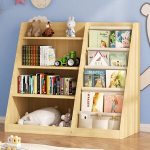 experlam kids bookshelf and toy storage organizer, 4 tier wooden kids book shelf with sling book rack in kids room playroom nursery for kids, children, toddlers