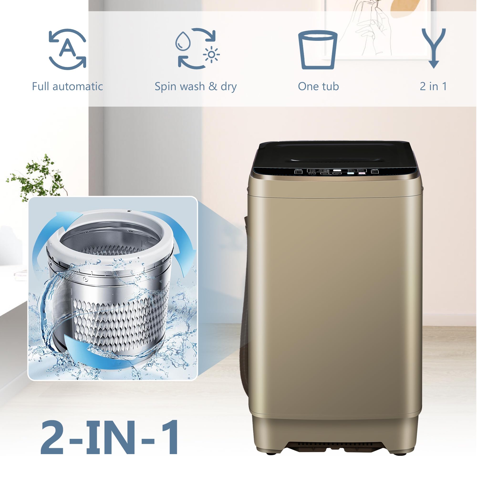 JANREAY Portable Washing Machine 13.3lbs Full Automatic Washing Machine 2 In 1, 10 Programs & 8 Water Levels with LED Display, Child Lock, for Apartment, Dorm, RV, and More Gold