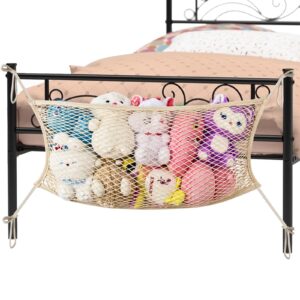 stuffed animal storage net for kids, bedside toy organizer net - neatly store your stuffed animals, cotton bedside stuffed animal storage net with tether, stretches up to 32 inches, beige