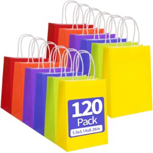 120 pcs paper gift bags, 5.9x3.1x8.3 in party favor bags with handles colorful bulk small gift bags for kids party christmas holiday birthday baby shower stocking stuffers(6 colors)