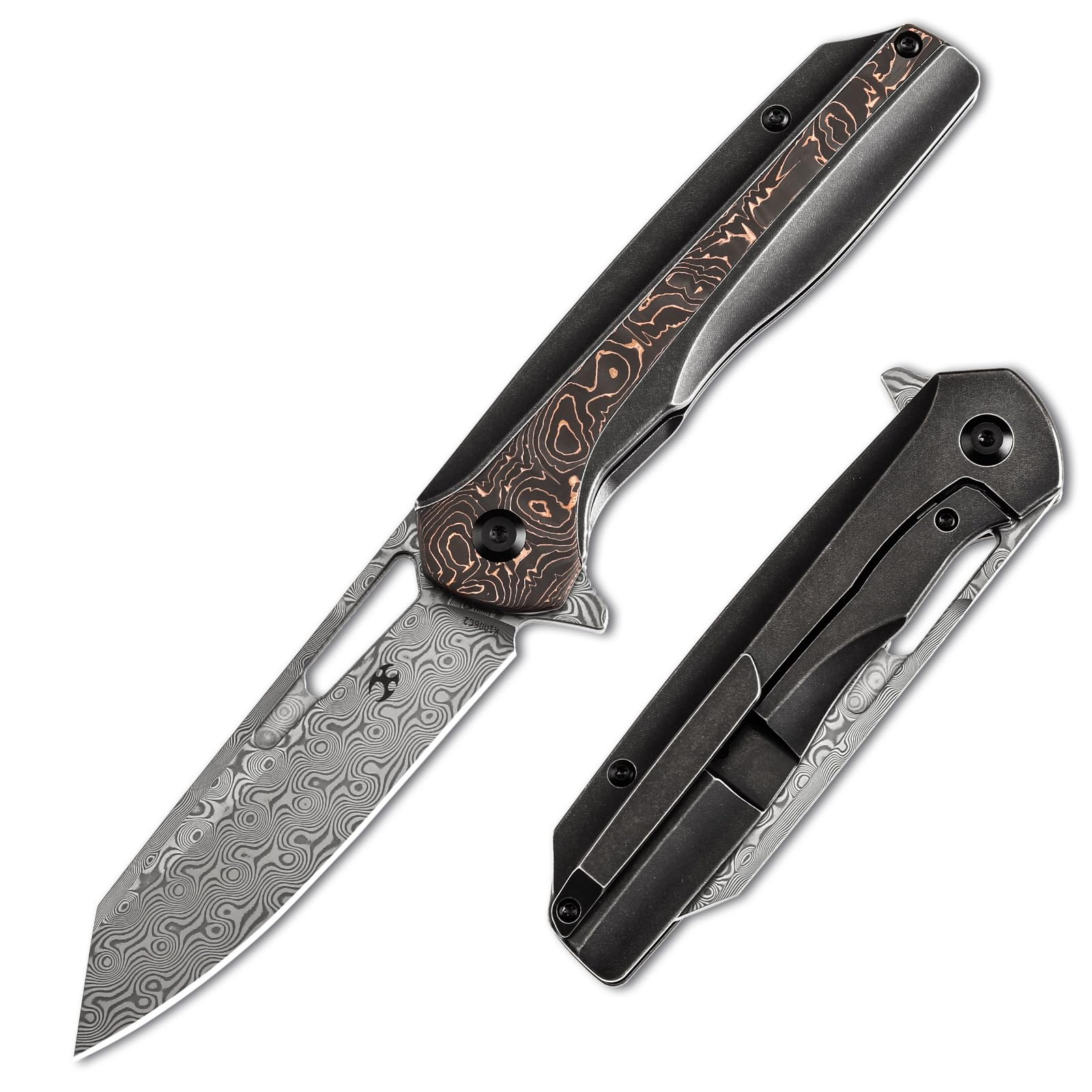 KANSEPT Shard Pocket Folding Knives for Men EDC Camping Folding Knife 3.48'' Damascus Material Pocket Folding Knife with Blackwash Titanium Copper Carbon Fiber Handle Everyday Carry K1006C2