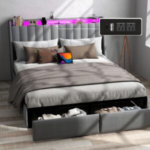 anyhave queen bed frame with 2 storage drawers and luxury wingback upholstered button tufted storage headboard,charging station,storage headboard & led lights,remote control/noise-free-dark gray