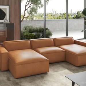 Valencia Nathan Nappa Leather Couch - 3 Seats with 2 Chaises - 100% Full Aniline Leather Modern Sectional Sofa for Lounge and Living Room Solid Wood Frame and High-Resilience Foam (Caramel Brown)