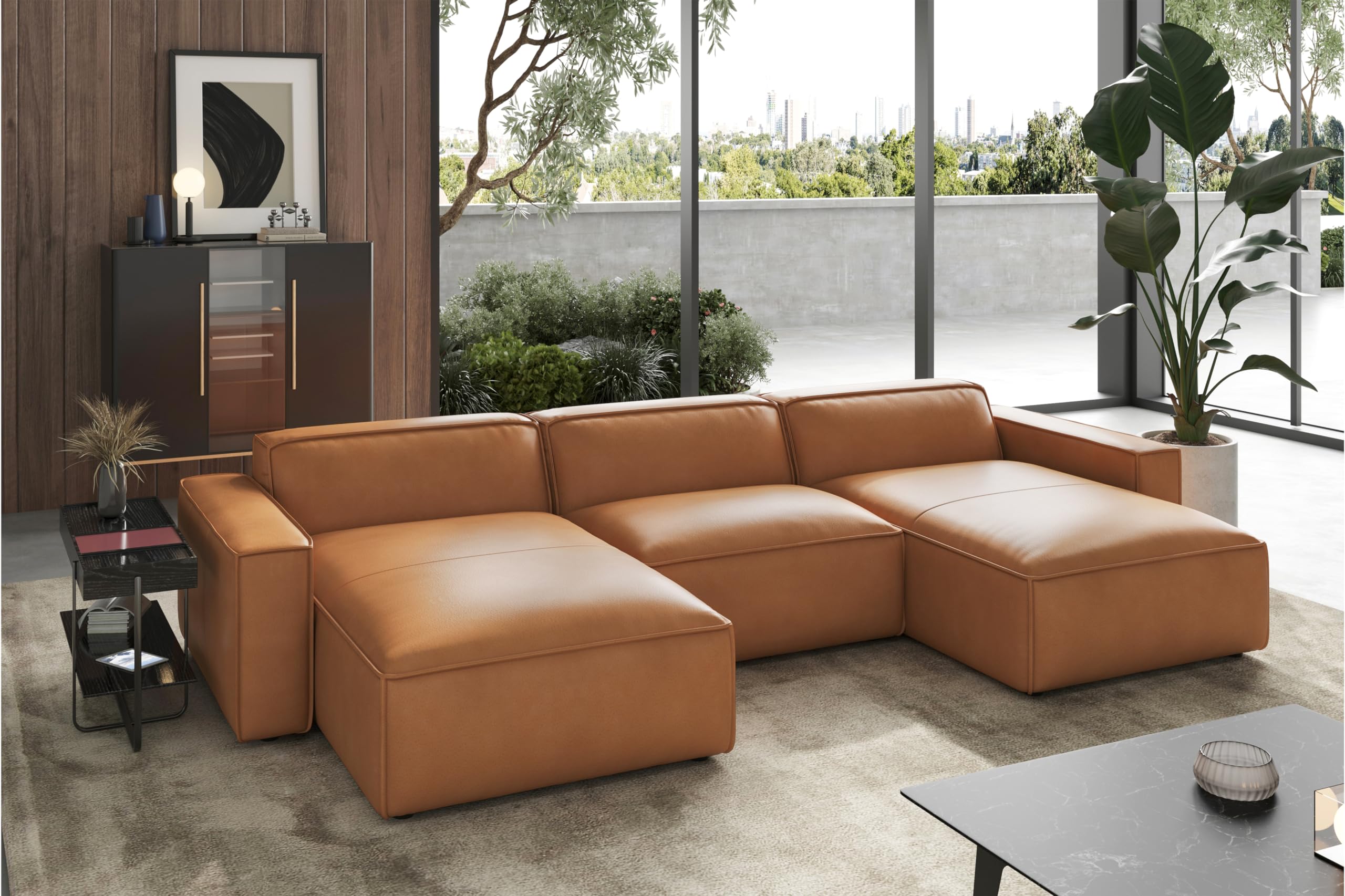 Valencia Nathan Nappa Leather Couch - 3 Seats with 2 Chaises - 100% Full Aniline Leather Modern Sectional Sofa for Lounge and Living Room Solid Wood Frame and High-Resilience Foam (Caramel Brown)