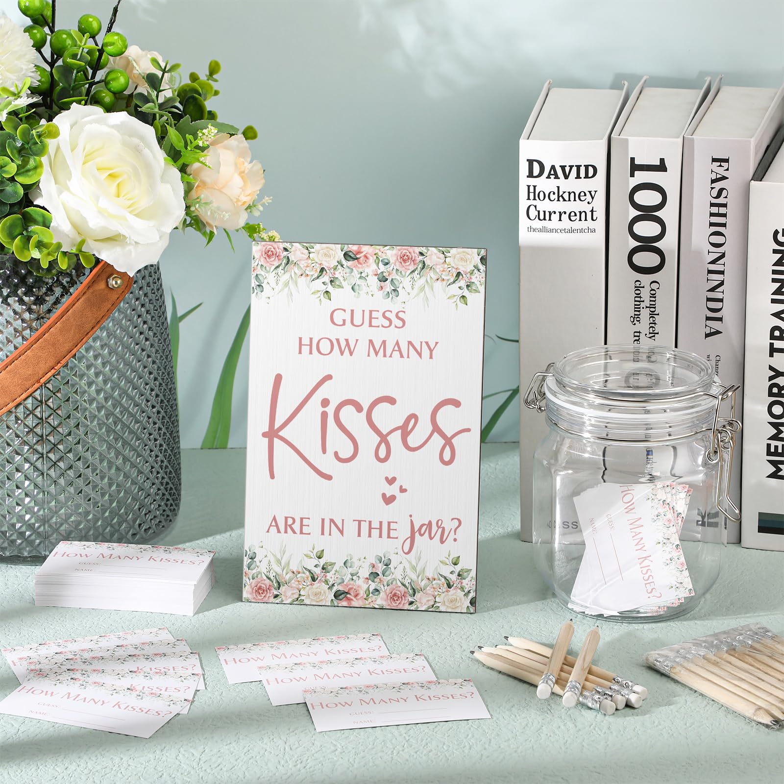 Yousoontic 122 Pieces Guess How Many Kisses Bridal Shower Games Include 1 Bridal Shower Wooden Sign 100 Guessing Cards 20 HB Pencils 1 Game Jar for Guests Wedding Party