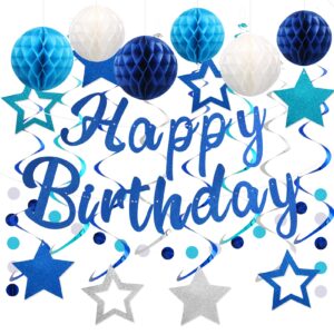 yeocu birthday decorations, no diy, pre-strung happy birthday banner with honeycomb balls, hanging swirls, circle dots garland, happy birthday party decorations for women men boys girls (blue)