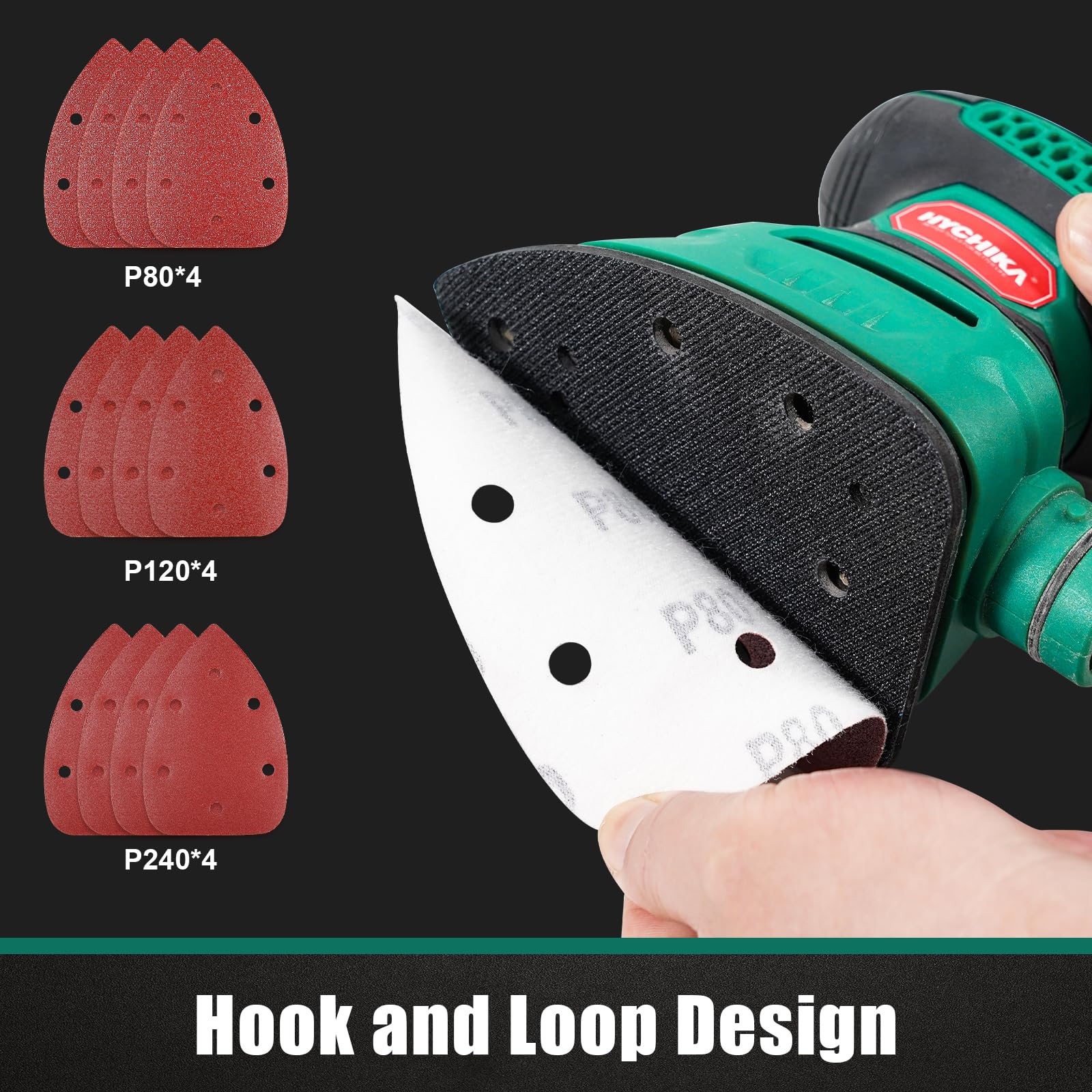 HYCHIKA Detail Sander,140W Electric Sander, up to 13000OPM, 1.2A Palm Sander Tool with 12pcs Sandpapers, with Efficient Dust Collection System, Compact Hand Sander for Woodworking.