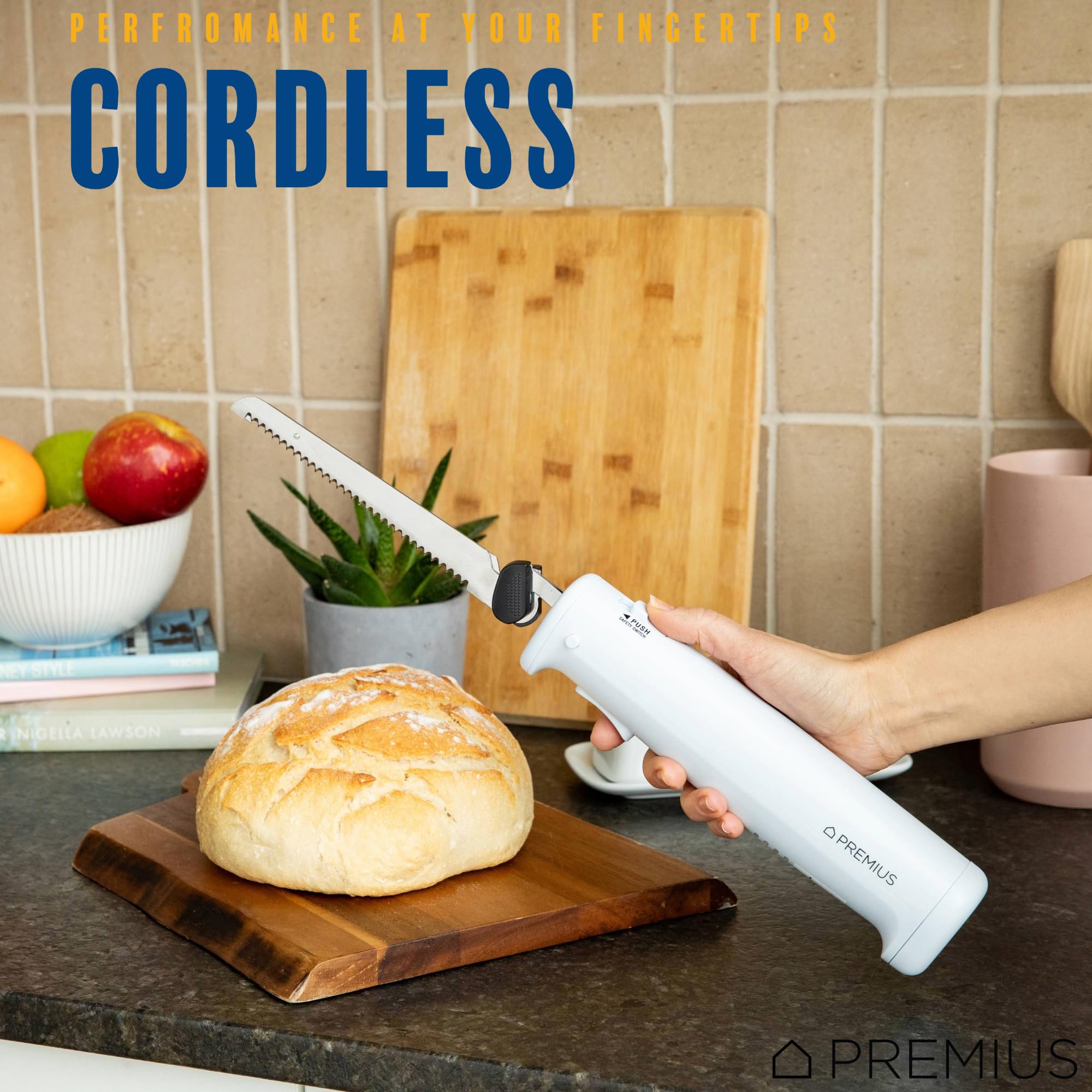 Professional Cordless Rechargeable Easy-Slice Electric Knife, Reciprocating Serrated Stainless-Steel Blades, Safety-Lock Trigger Release, Carving Meats, Turkey, Breads, Fruit, Crafting Foam, White