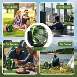 Camping Fan with LED Lantern, 10000mAh Battery Rechargeable Operated Fan, Portable Tent Fan with Hanging Hook, Remote, Oscillating, Timer, Personal Fan for Tent Car RV Hurricane Emergency (Green)