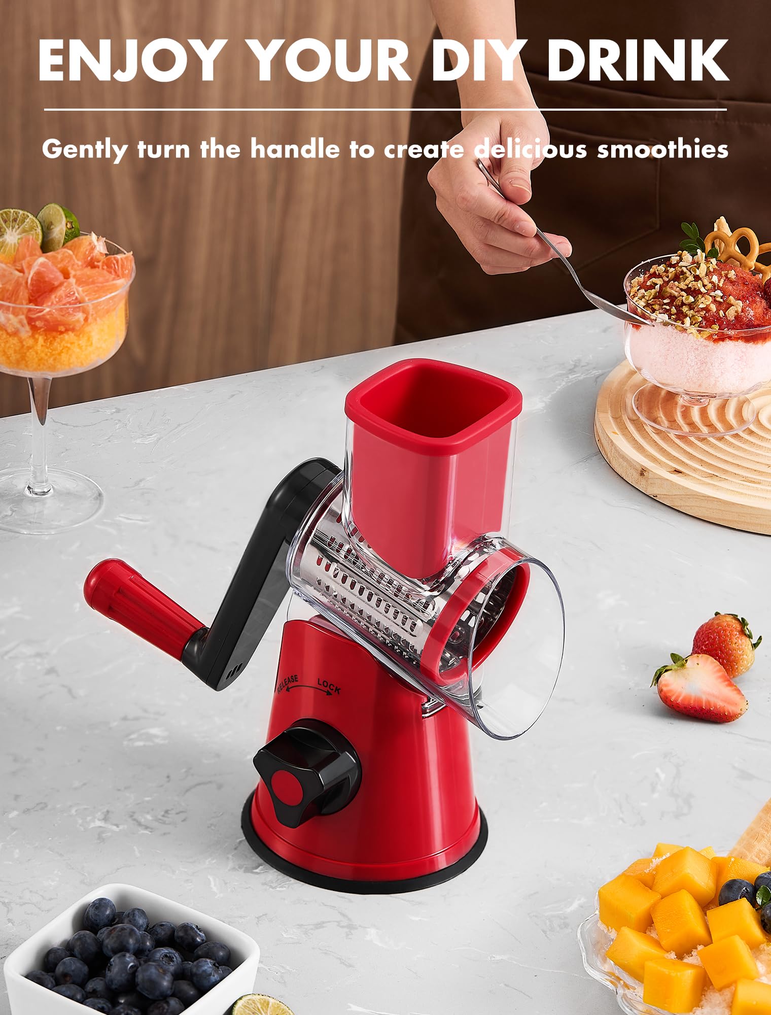 GDL Shaved Ice Machine Manual, Ice Shaver and Snow Cone Machine Hand Crank, Household Shaved Ice Maker, Portable Ice Crusher for Home Use with Stainless Steel Blade