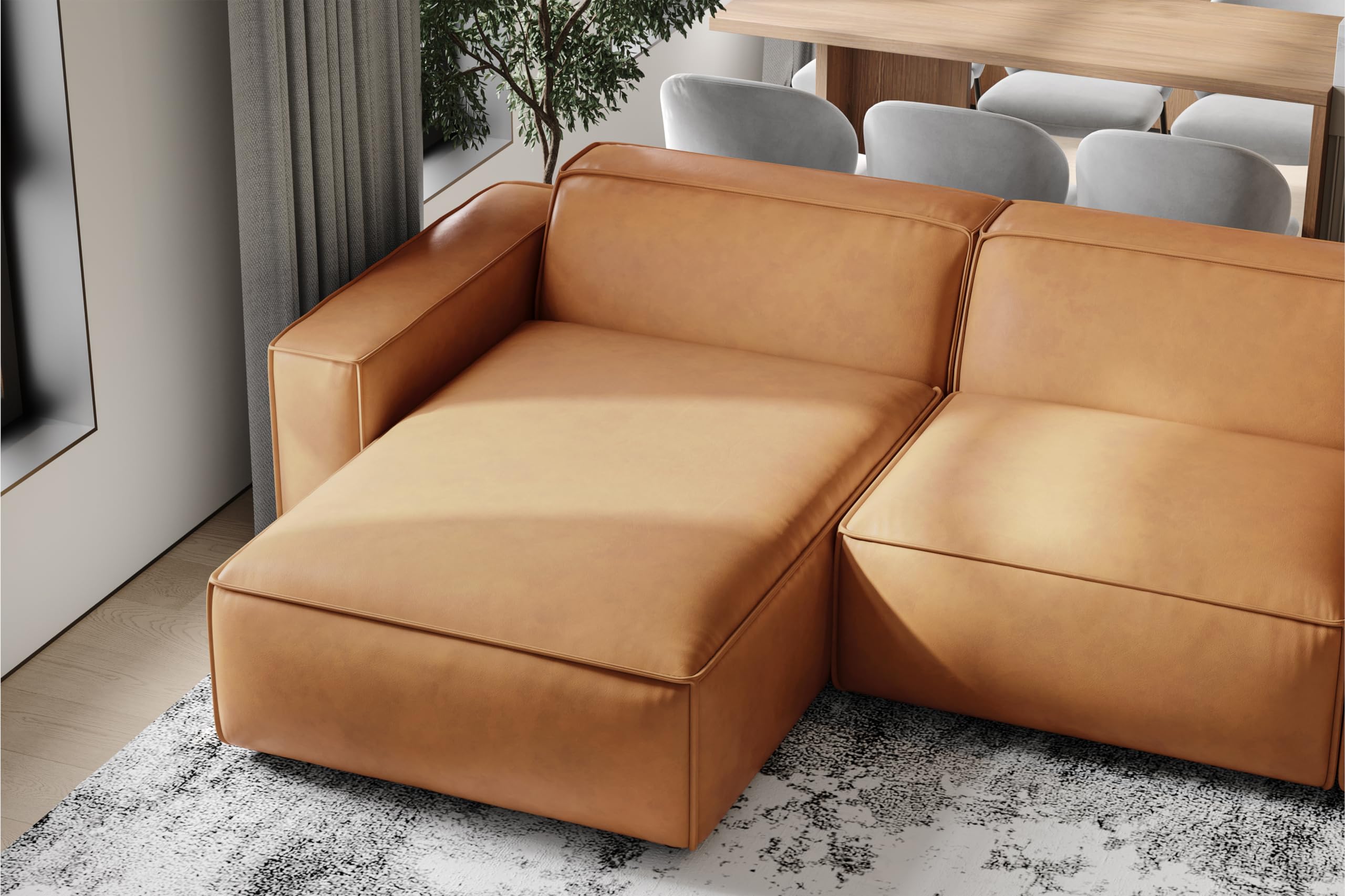 Valencia Nathan Nappa Leather Couch - 3 Seats with 2 Chaises - 100% Full Aniline Leather Modern Sectional Sofa for Lounge and Living Room Solid Wood Frame and High-Resilience Foam (Caramel Brown)