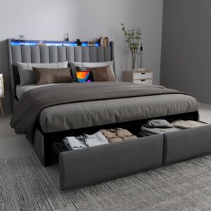 Anyhave Queen Bed Frame with 2 Storage Drawers and Luxury Wingback Upholstered Button Tufted Storage Headboard,Charging Station,Storage Headboard & LED Lights,Remote Control/Noise-Free-Dark Gray