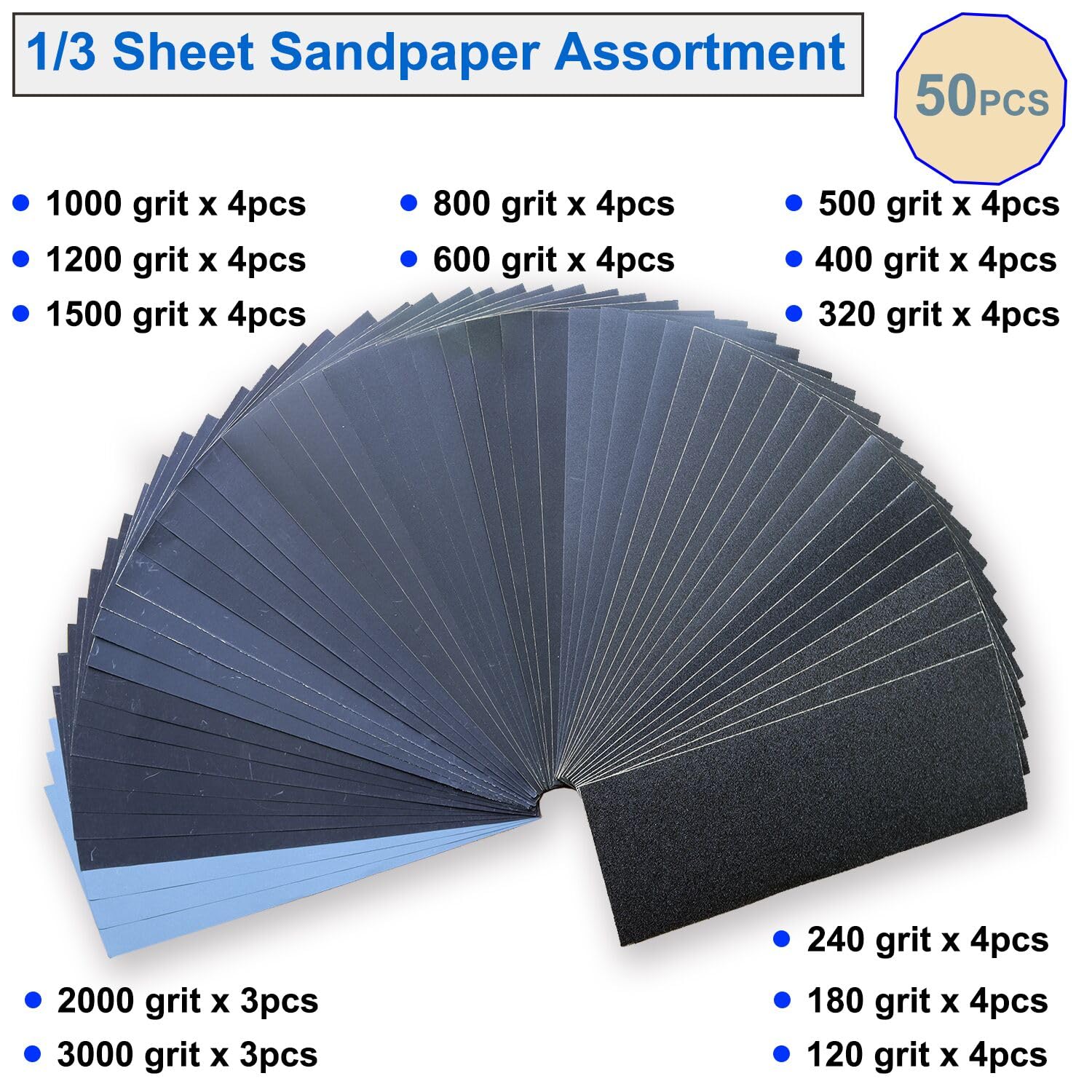 50PCS Sandpaper Assortment, Aeknewo Sand Paper Sheets 120 to 3000 Assorted Grits, 9 x 3.6 Inch Premium Wet Dry Sanding Paper for Wood Furniture Finishing, Metal Sanding, Automotive Polishing