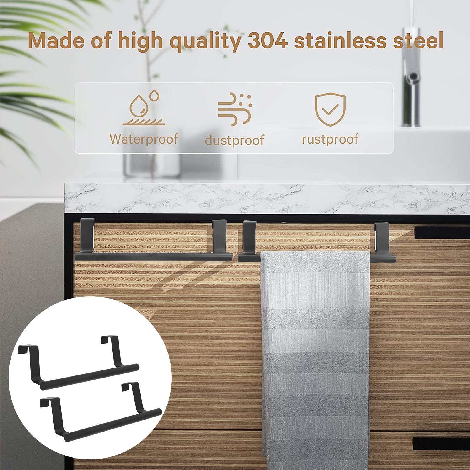 2Pcs Towel Racks, 23cm Stainless Steel Over Door Towel Bar Holder Black Hangable Cabinet Door Towel Rack Household Storage Supplies for Kitchen Bathroom Cabinet Cupboard