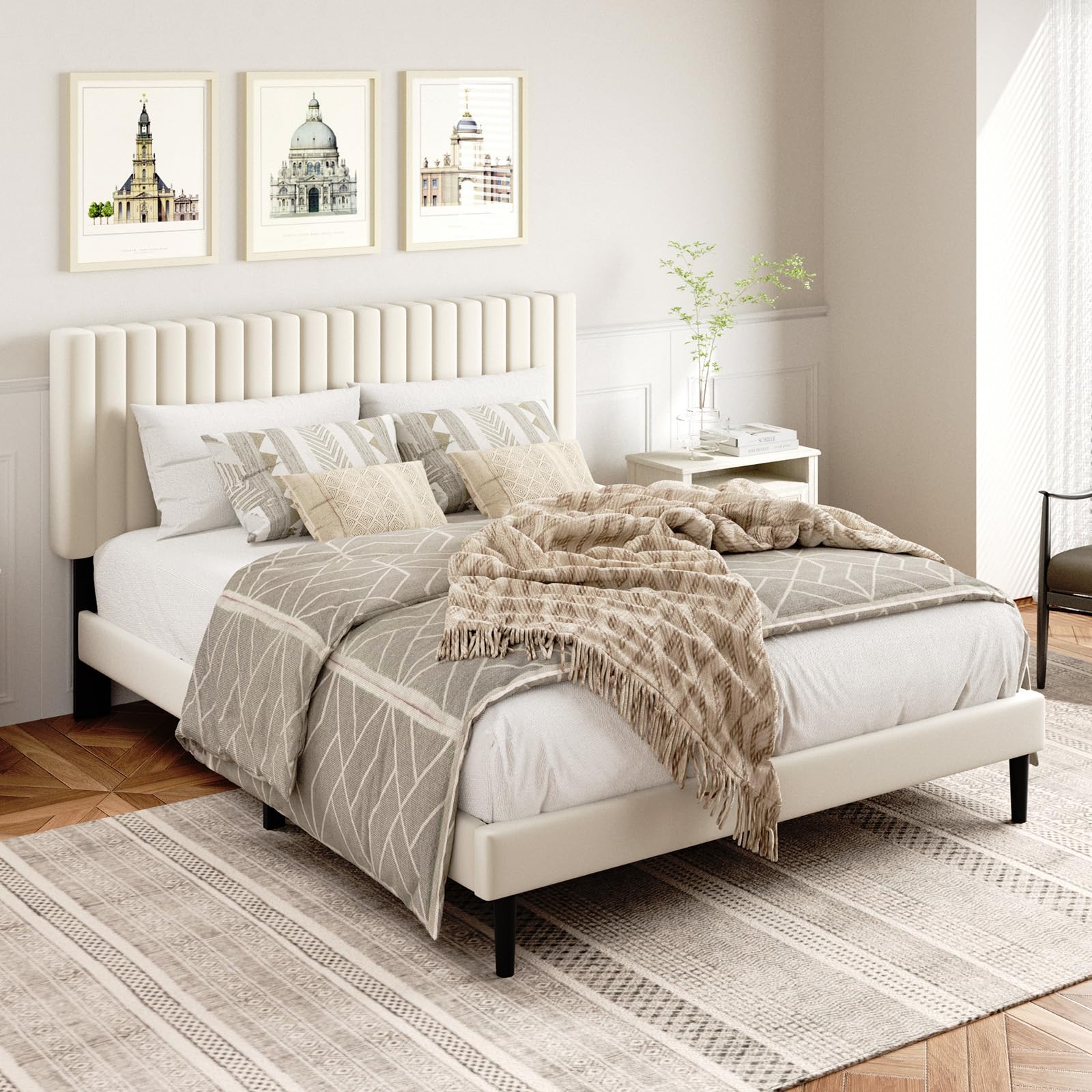 HAOARA Queen Size Platform Bed Frame with Velvet Upholstered Headboard, Queen Bed Frame with Strong Wood Slats, Box Spring Optional, Mattress Foundation, Easy Assembly Beige