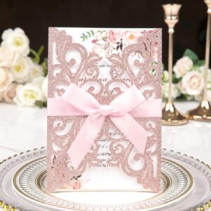 50PCS Wedding Invitation, Pink Laser Cut Invitations with Envelopes and RSVP Cards for Wedding Engagement Baby Bridal Shower Quinceanera Birthday Party Invites