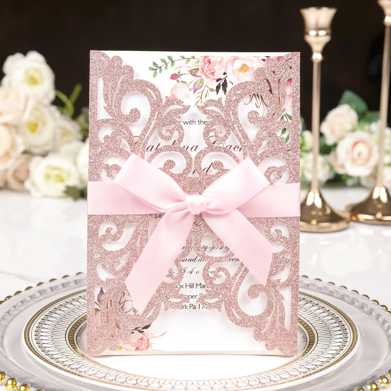 50PCS Wedding Invitation, Pink Laser Cut Invitations with Envelopes and RSVP Cards for Wedding Engagement Baby Bridal Shower Quinceanera Birthday Party Invites