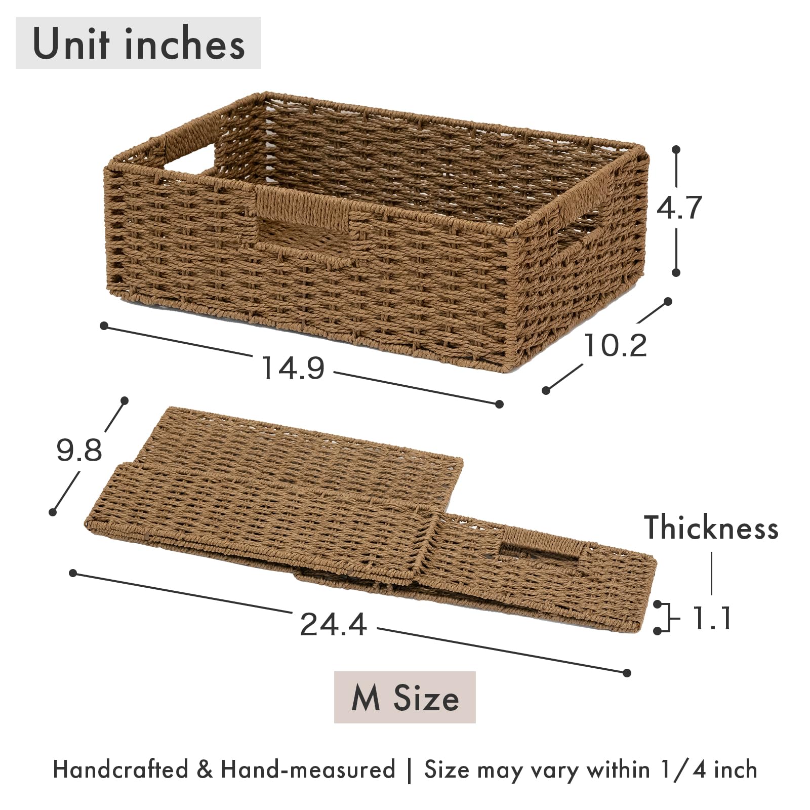 Storage Baskets 2-Pack, Natural Ingredients Foldable Paper Rope Baskets for Organizing, 14.9 x 10.2 x 4.7 inches, Sturdy Baskets with Handles, Closet and Shelf Organizers, Foldable Baskets for Clothes