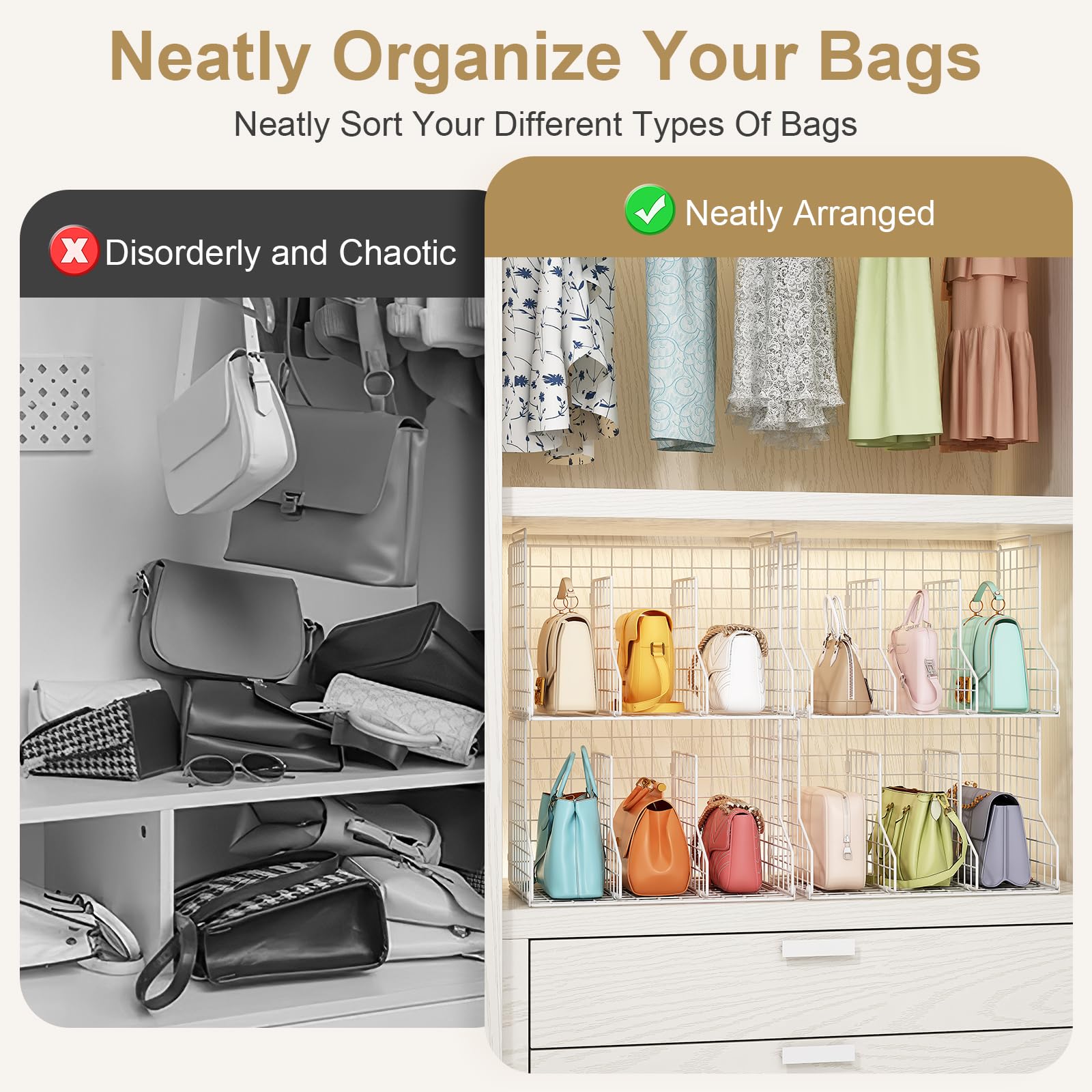 Purse Storage Organizer for Closet : Adjustable 2-Pack Dividers Handbag Organizer - Stackable Wire Handbags Storage Baskets -Open Cabinets Wallets Tote Chain Bags Clutches