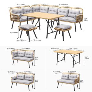 YITAHOME Patio Wicker L-Shaped Furniture Set, All-Weather Rattan Outdoor Conversation Sofa Set for Backyard Deck with Soft Cushions,Ottomans and Plastic Wood Dining Table (Light Brown+Gray)