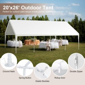 GOJOOASIS 20' x 26' Heavy Duty Carport with Roll-up Visual Windows, Reinforced Party Tent with Removable Sidewalls & Doors for Parties, Wedding, Outdoor Events, Car Canopy with All-Season Tarp, White