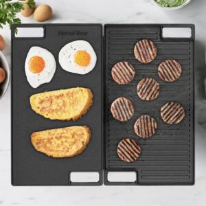 Cast Iron Reversible Grill/Griddle Set with Press, Scraper & Mitts - Pre-Seasoned, Non-Stick - 16.75" x 9.5" - Gas Stove, Grill, Camping, Indoor and Outdoor Cooking