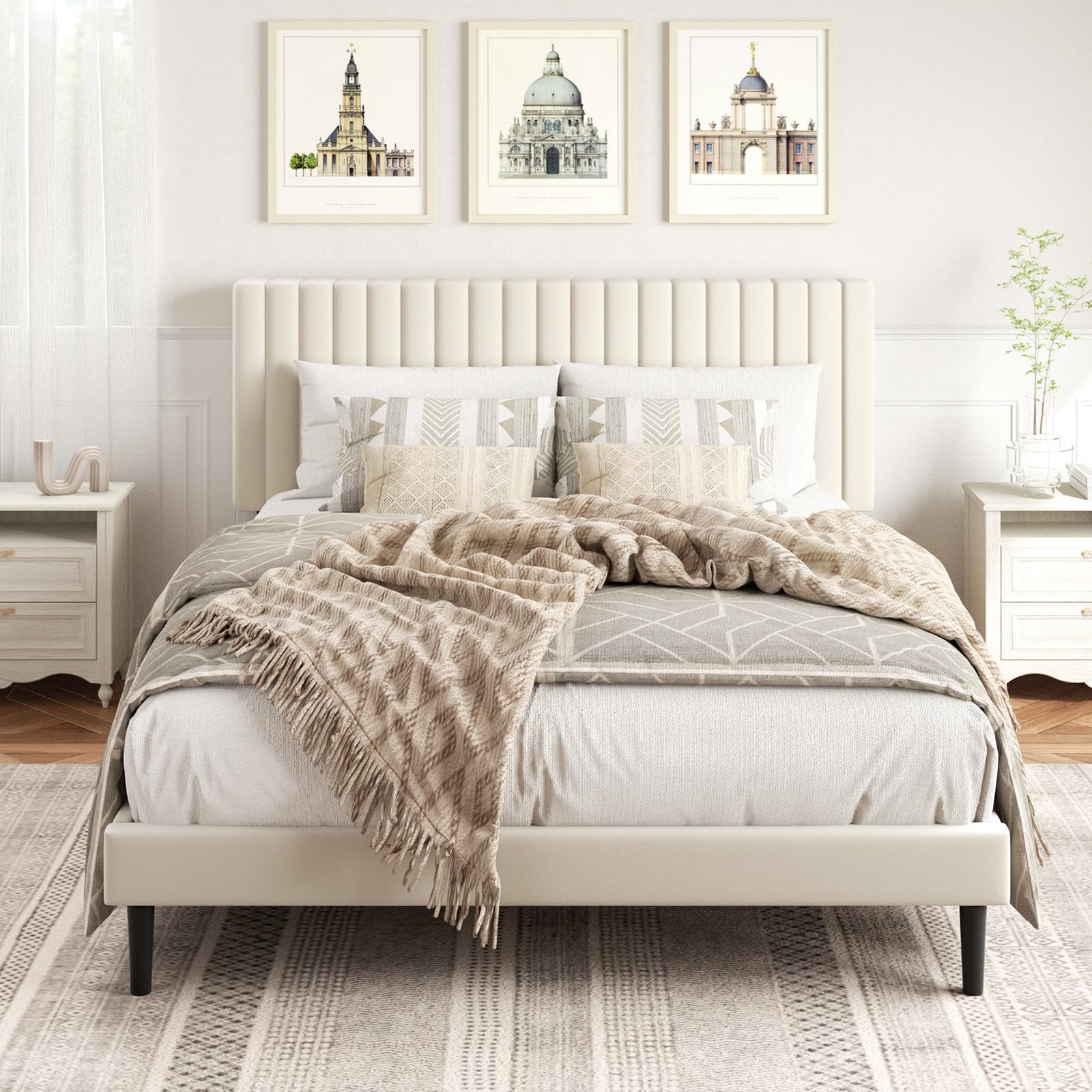 HAOARA Queen Size Platform Bed Frame with Velvet Upholstered Headboard, Queen Bed Frame with Strong Wood Slats, Box Spring Optional, Mattress Foundation, Easy Assembly Beige