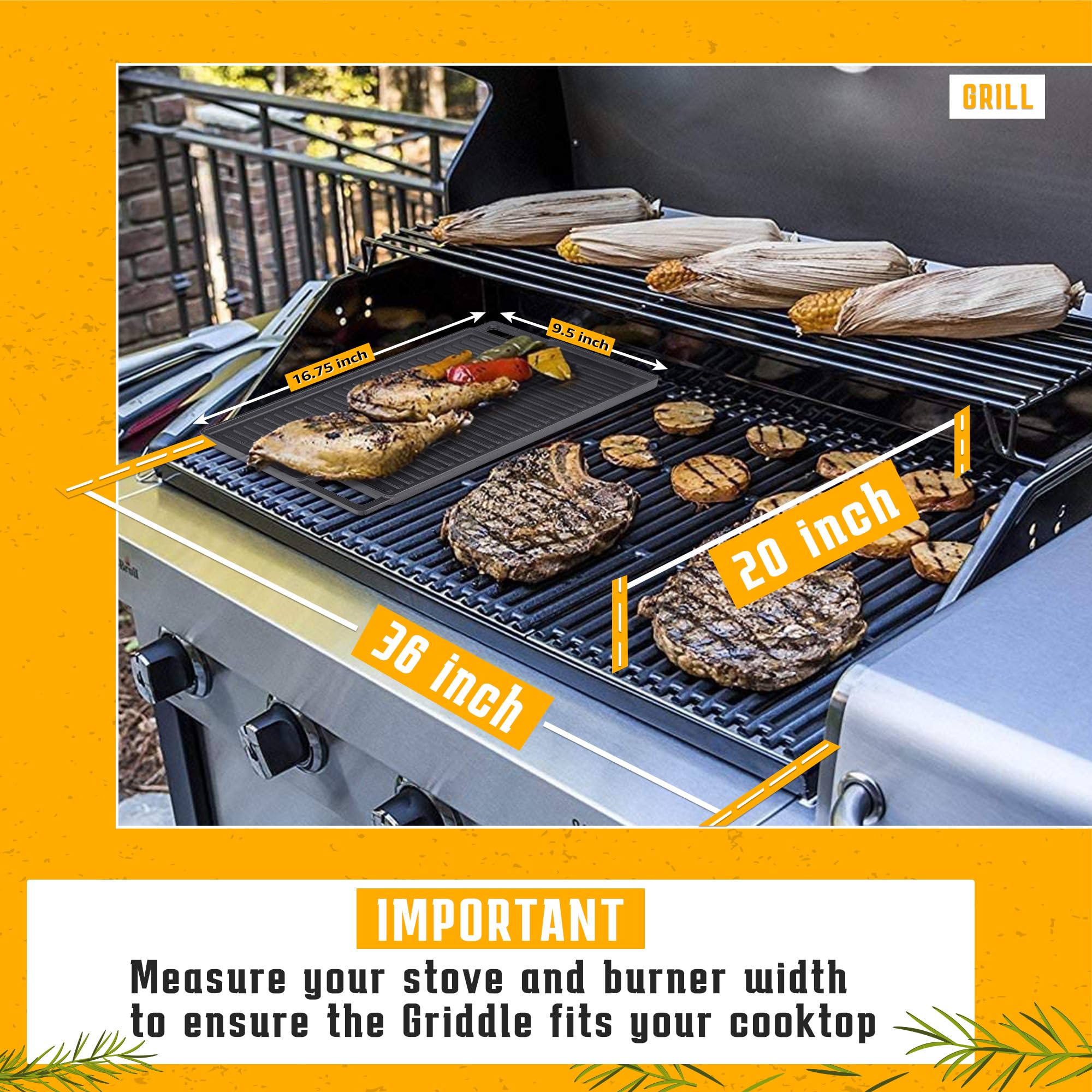 Cast Iron Reversible Grill/Griddle Set with Press, Scraper & Mitts - Pre-Seasoned, Non-Stick - 16.75" x 9.5" - Gas Stove, Grill, Camping, Indoor and Outdoor Cooking