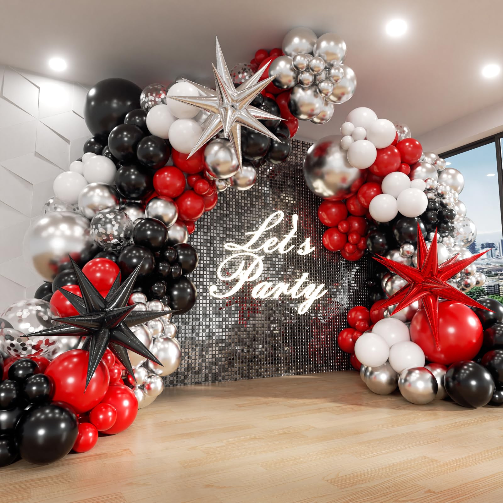 Red and Black Balloon Arch Kit with Star Balloons, Red Black and White Metallic Silver Balloon Arch Garland Kit for Birthday Prom Red Black Graduation 2024 Party Decorations