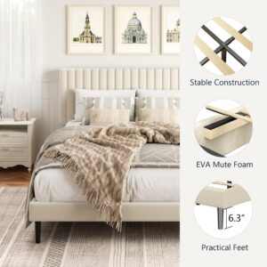 HAOARA Queen Size Platform Bed Frame with Velvet Upholstered Headboard, Queen Bed Frame with Strong Wood Slats, Box Spring Optional, Mattress Foundation, Easy Assembly Beige