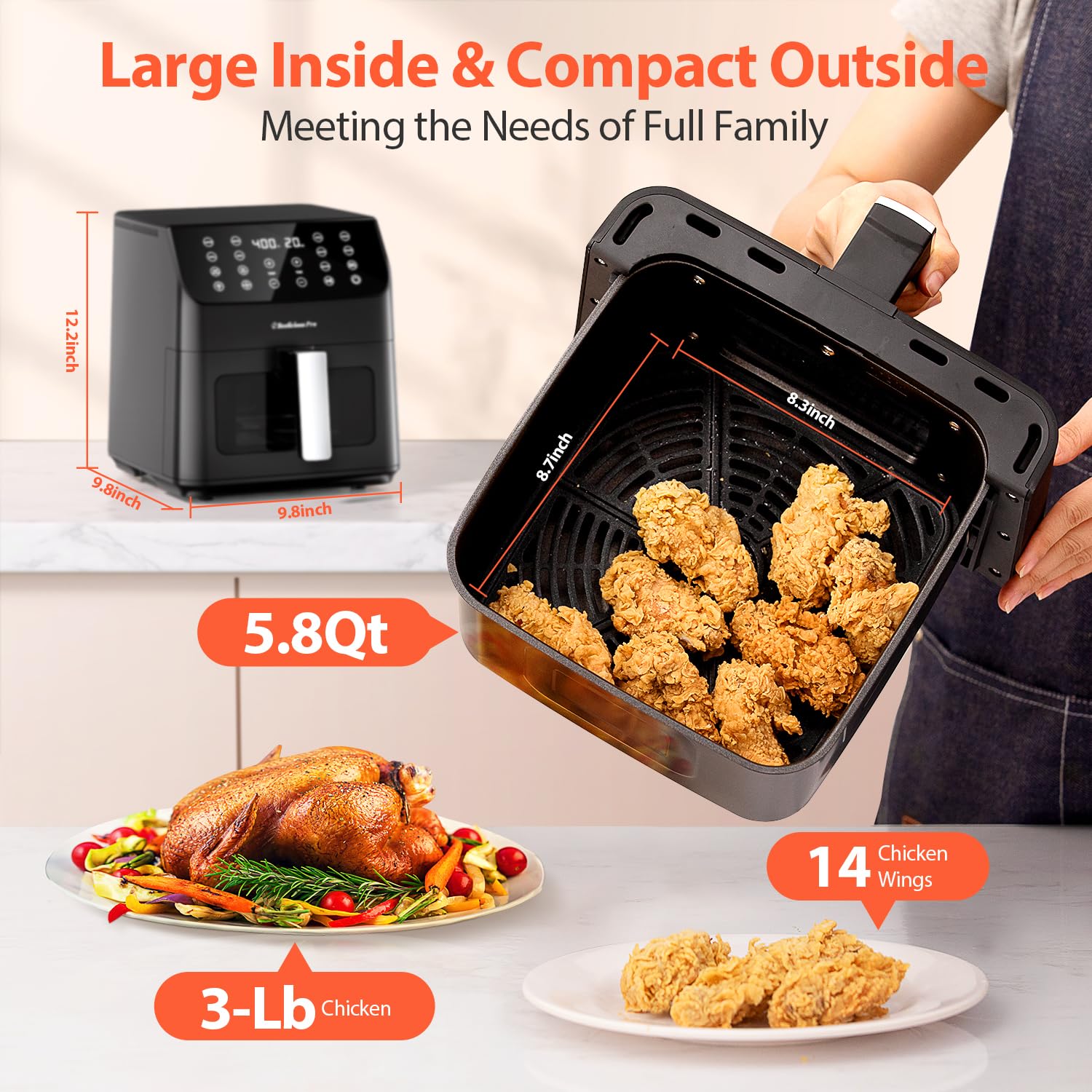 Beelicious® 5.8QT Large Air Fryer, 12-in-1 Digital Airfryer with Clear Window, 40+ Recipes, Flavor-Lock Tech, Shake Reminder, Compact, Quiet, Dishwasher Safe, Nonstick, Fit for Family of 2-5, Black