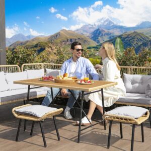 YITAHOME Patio Wicker L-Shaped Furniture Set, All-Weather Rattan Outdoor Conversation Sofa Set for Backyard Deck with Soft Cushions,Ottomans and Plastic Wood Dining Table (Light Brown+Gray)