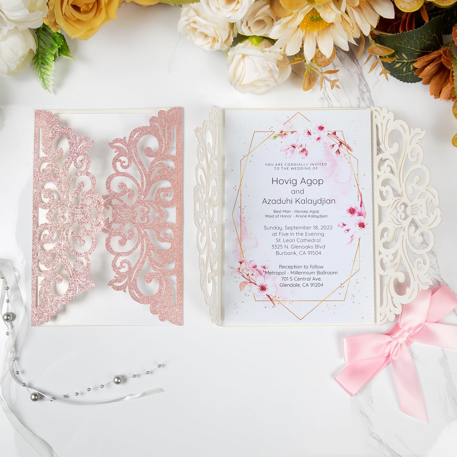 50PCS Wedding Invitation, Pink Laser Cut Invitations with Envelopes and RSVP Cards for Wedding Engagement Baby Bridal Shower Quinceanera Birthday Party Invites