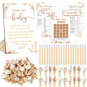 patelai 321 pcs baby shower games supplies, 5 sets (50 cards each) activities cards with 20 pencils 1 don't say baby sign 50 clothespin(boho pampas grass)