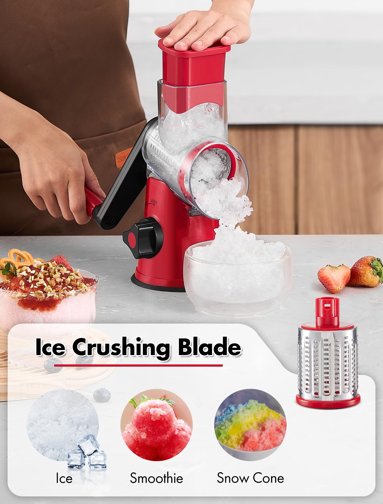 GDL Shaved Ice Machine Manual, Ice Shaver and Snow Cone Machine Hand Crank, Household Shaved Ice Maker, Portable Ice Crusher for Home Use with Stainless Steel Blade