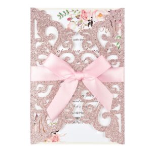 50pcs wedding invitation, pink laser cut invitations with envelopes and rsvp cards for wedding engagement baby bridal shower quinceanera birthday party invites