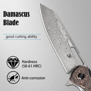 KANSEPT Shard Pocket Folding Knives for Men EDC Camping Folding Knife 3.48'' Damascus Material Pocket Folding Knife with Blackwash Titanium Copper Carbon Fiber Handle Everyday Carry K1006C2