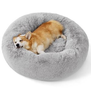 bedsure calming dog bed for medium dogs - donut washable medium pet bed, 30 inches anti-slip round fluffy plush faux fur cat bed, fits up to 45 lbs pets, pale grey