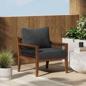 nathan james freya bohemian wooden armchair, outdoor patio chair, solid acacia wood frame, dark acacia