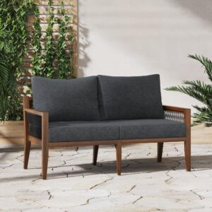 nathan james freya bohemian wood loveseat, upholstered loveseat sofa for patio, solid acacia wood frame, dark acacia