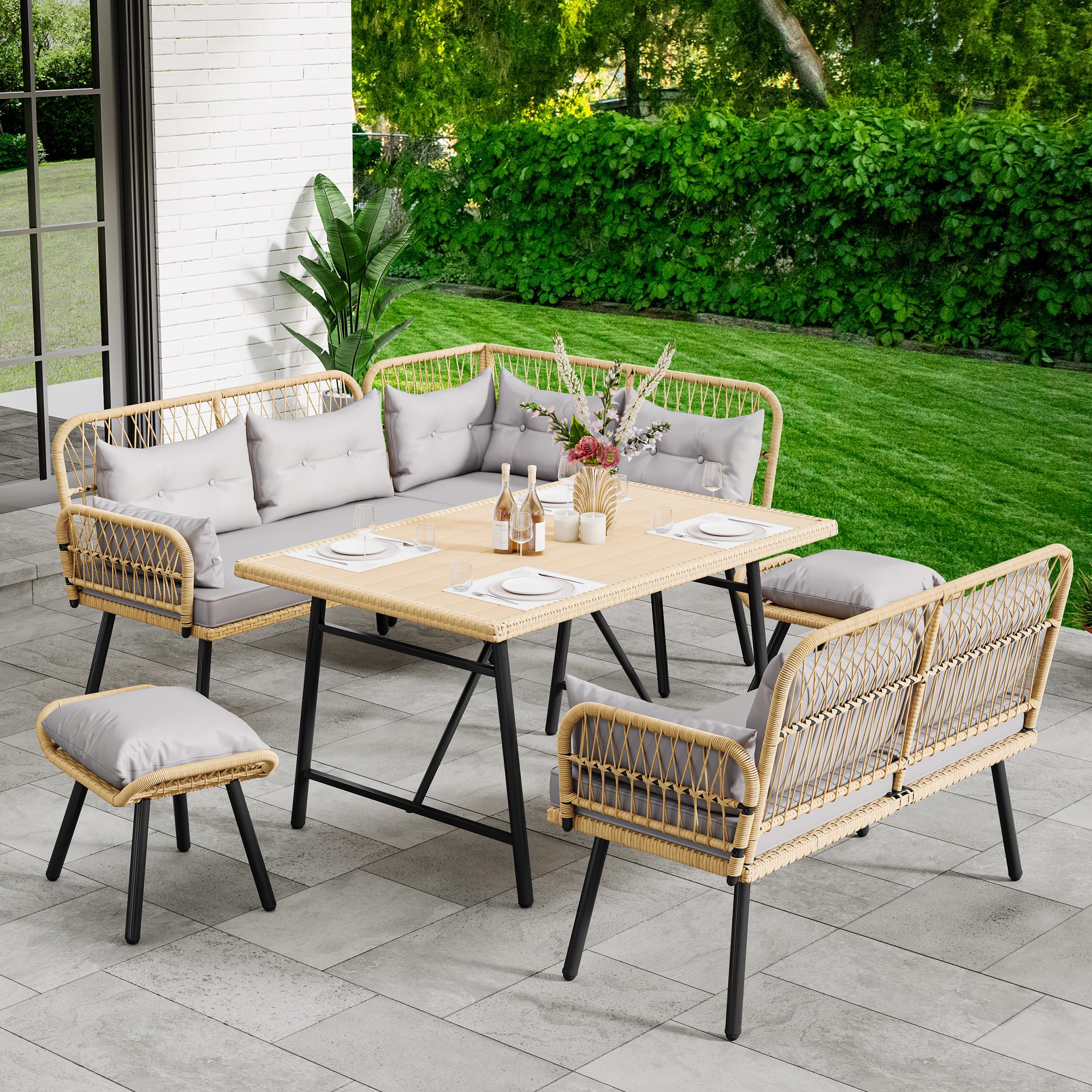 YITAHOME Patio Wicker L-Shaped Furniture Set, All-Weather Rattan Outdoor Conversation Sofa Set for Backyard Deck with Soft Cushions,Ottomans and Plastic Wood Dining Table (Light Brown+Gray)