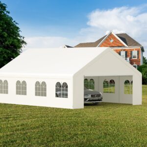 gojooasis 20' x 26' heavy duty carport with roll-up visual windows, reinforced party tent with removable sidewalls & doors for parties, wedding, outdoor events, car canopy with all-season tarp, white