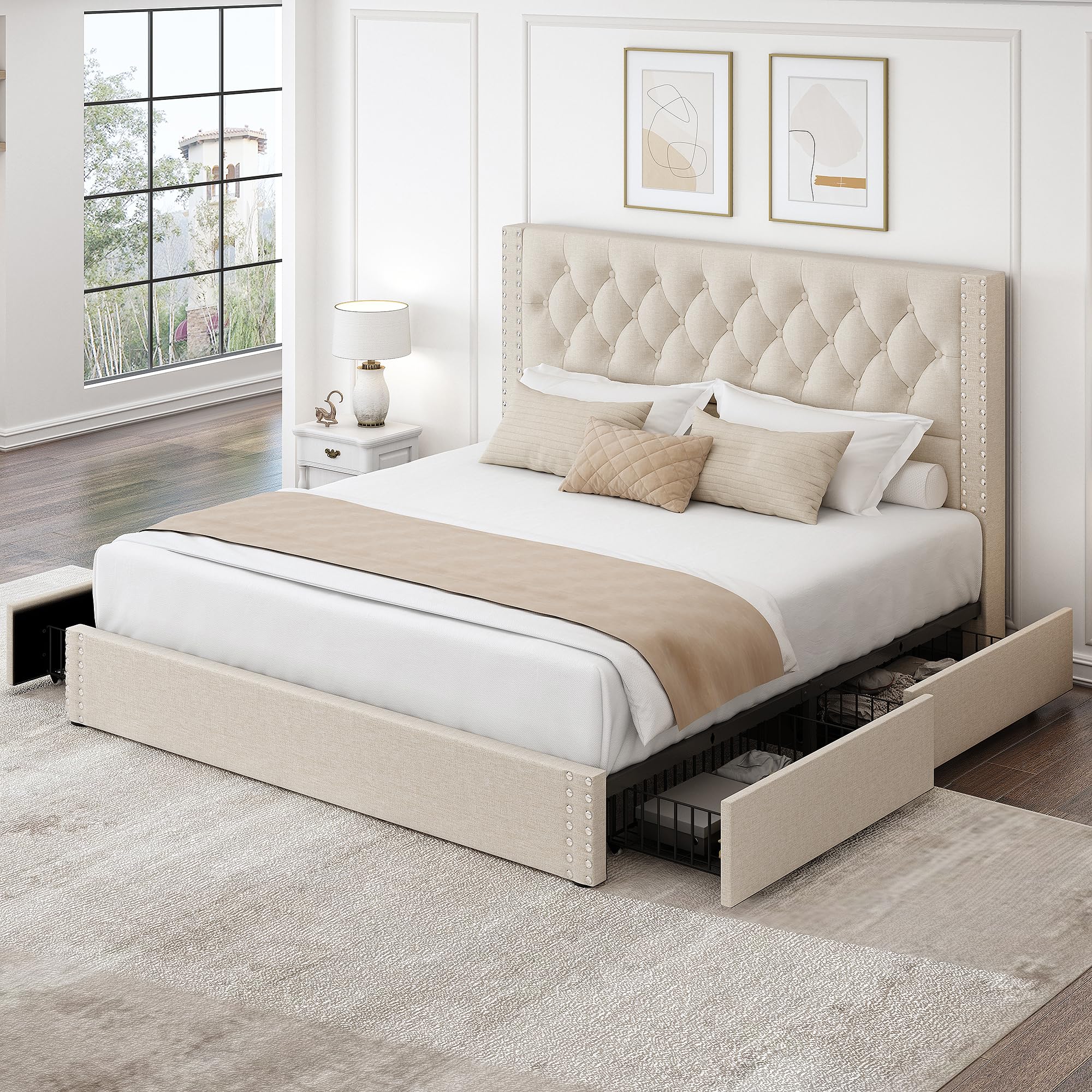 LARMACE King Size Platform Bed Frame with 4 Storage Drawers and Headboard Linen Upholstered Bed Frame Tufted Beds with Wood Slats Support, Easy Assembly, Noise-Free, Beige