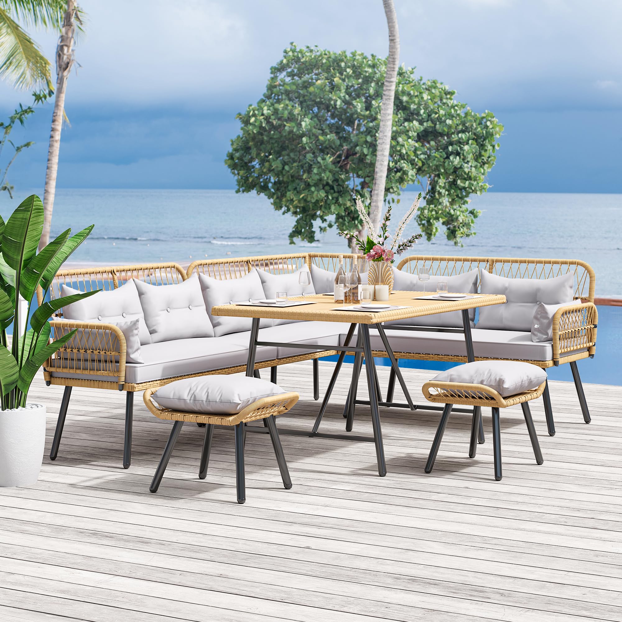 YITAHOME Patio Wicker L-Shaped Furniture Set, All-Weather Rattan Outdoor Conversation Sofa Set for Backyard Deck with Soft Cushions,Ottomans and Plastic Wood Dining Table (Light Brown+Gray)