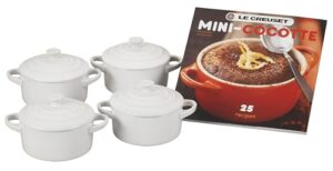 le creuset stoneware set of 4 mini cocottes with cookbook, 8 oz. each, white