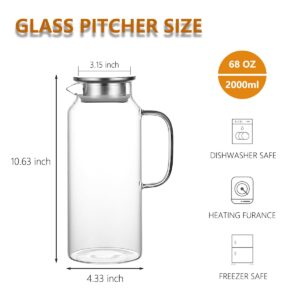 Glass Pitcher with Lid 2 Liter / 68 OZ Water Pitcher with Lid and Handle, Borosilicate Glass Carafe for Hot/Cold Water, Iced Coffee, Juice, Tea, Milk and Homemade Beverage