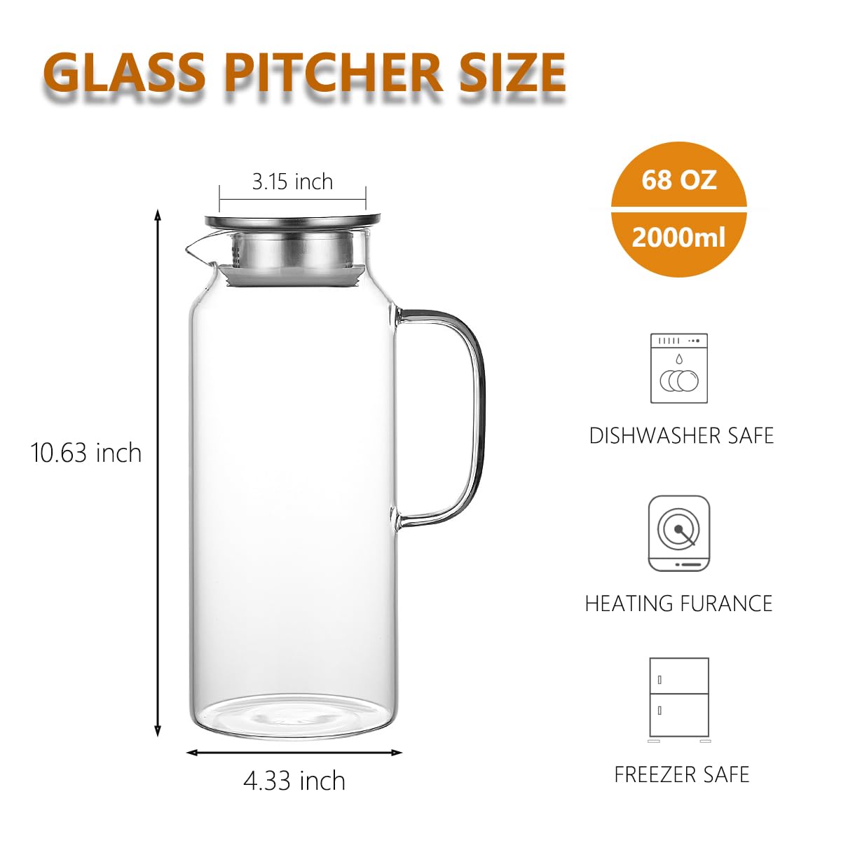 Glass Pitcher with Lid 2 Liter / 68 OZ Water Pitcher with Lid and Handle, Borosilicate Glass Carafe for Hot/Cold Water, Iced Coffee, Juice, Tea, Milk and Homemade Beverage